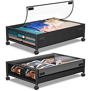 Futego Under Bed Storage with Wheels,2 Pack Under bed Storage Containers with Clear Lids,Rolling Underbed Organizer Drawer Bins with Sturdy Handles for Bedroom Closet Clothes Shoes Toys Books Blankets
