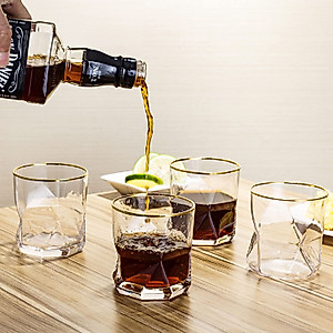 MyGift Set of 4 Clear Glass Old Fashioned Whiskey Tumblers with Prismatic Geometric Shape Design and Gold Rim - 11 oz