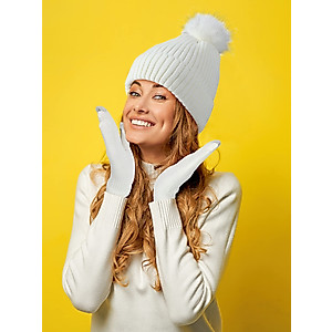 4 Pieces Womens Winter Satin Lined Knit Pom Beanie Hats Touchscreen Gloves Set