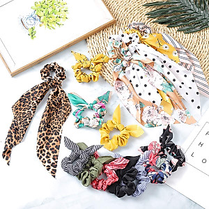 15 Pcs Chiffon Floral Ponytail Holders with Satin Bows and Scrunchies for Women (Color A)