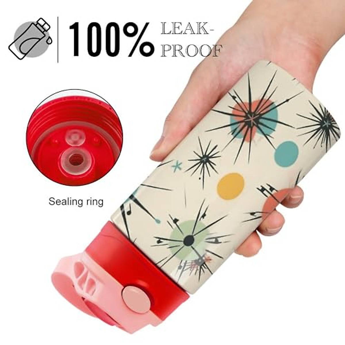 Stainless Steel Water Bottles Atomic Stars Retro Pattern Travel Water Cups with Handle And Silicone Straw Drinking Cup with Leak Proof Lid Thermo Travel Mug for Women Men