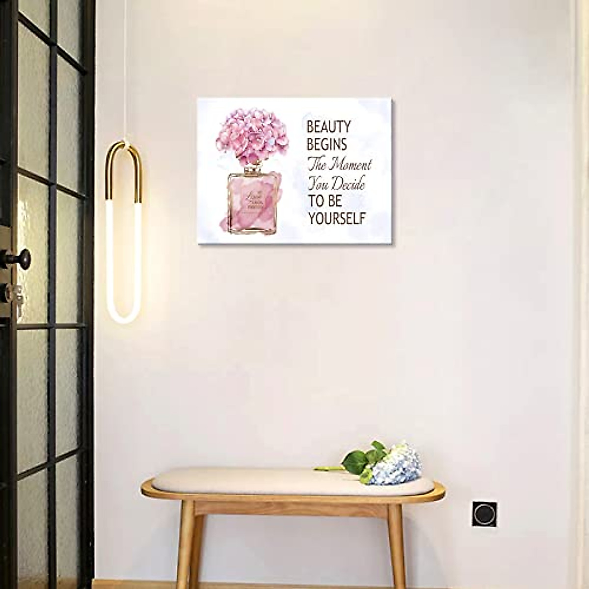 arteWOODS Fashioner Perfume Canvas Wall Art Gold Bottle Pink Flower Canvas Pictures Brown Inspirational Words Canvas Prints Motivational Quetos Wall Decor for Bathroom Bedroom Powder Room 16" X 12"