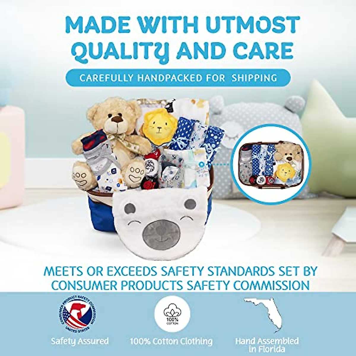 Joyful Arrival Deluxe Baby Boy Gift Set, Baby Layette Set with 21-Piece New Baby Essentials and Canvas Diaper Organizer for Expecting Moms and New Parents, Blue - Nikki’s Gift Baskets