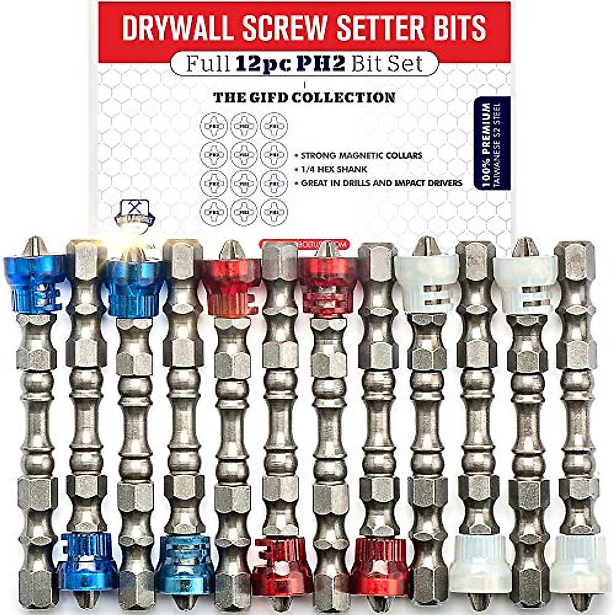 Magnetic Drywall Screw Setter Bit Set | Premium 12pc SET/w Storage Case and Bit Holder - Impact Ready 1/4in Hex Shank Phillips Head PH2 Drill Driver Bits with Magnetic Collars for Drills