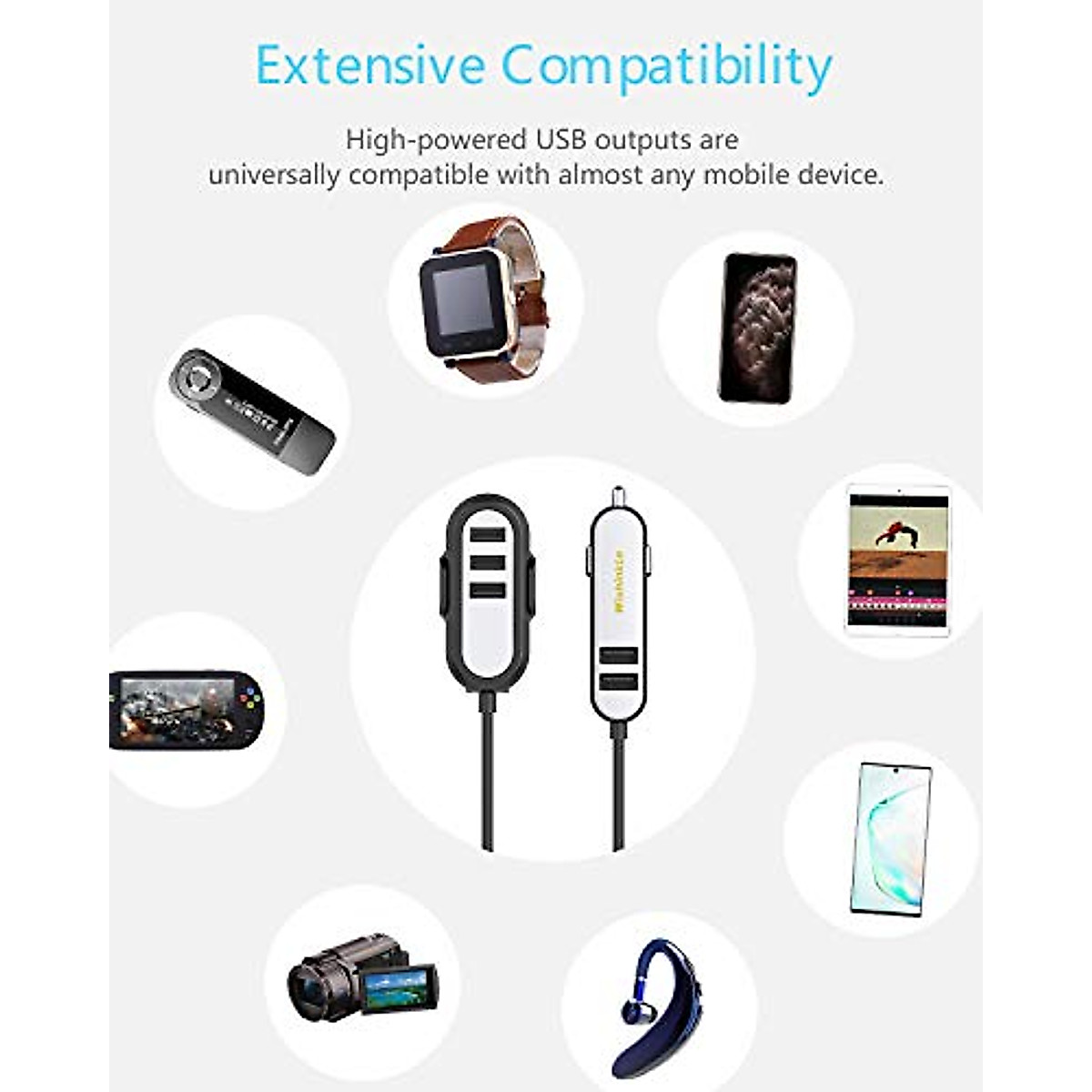 Wishinkle 5 USB Car Charger, 54W Multi Ports Car Charger Adapter, 5ft USB Splitter Vehicle Charger for Samsung Galaxy Note9/S9/S9+ and More