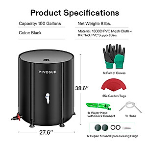 VIVOSUN Collapsible Rain Barrel, 100 Gallon Water Storage Tank with 1000D Oxford Cloth, Portable Rain Collection System includes Two Spigots and Overflow Kit, Black