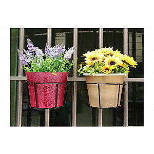 DoubleWood 4 Pack Hanging Railing Planters Flower Pot Holders Plant Iron Racks Fence Metal Potted Stand Mounted Balcony Round Plant Baskets Shelf Container Box for Indoor and Outdoor (4, 6 Inch)