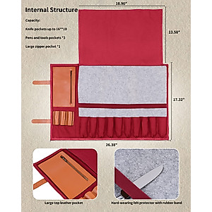 DEQIS Knife Roll Chef Waxed Canvas Bag Storage 13 Slots and 1 Large Zipper Pocket Carry Shoulder Strap Handle and Name Card Professional Folding Cooking Tools Case Organizer,Knives Not Included,Red