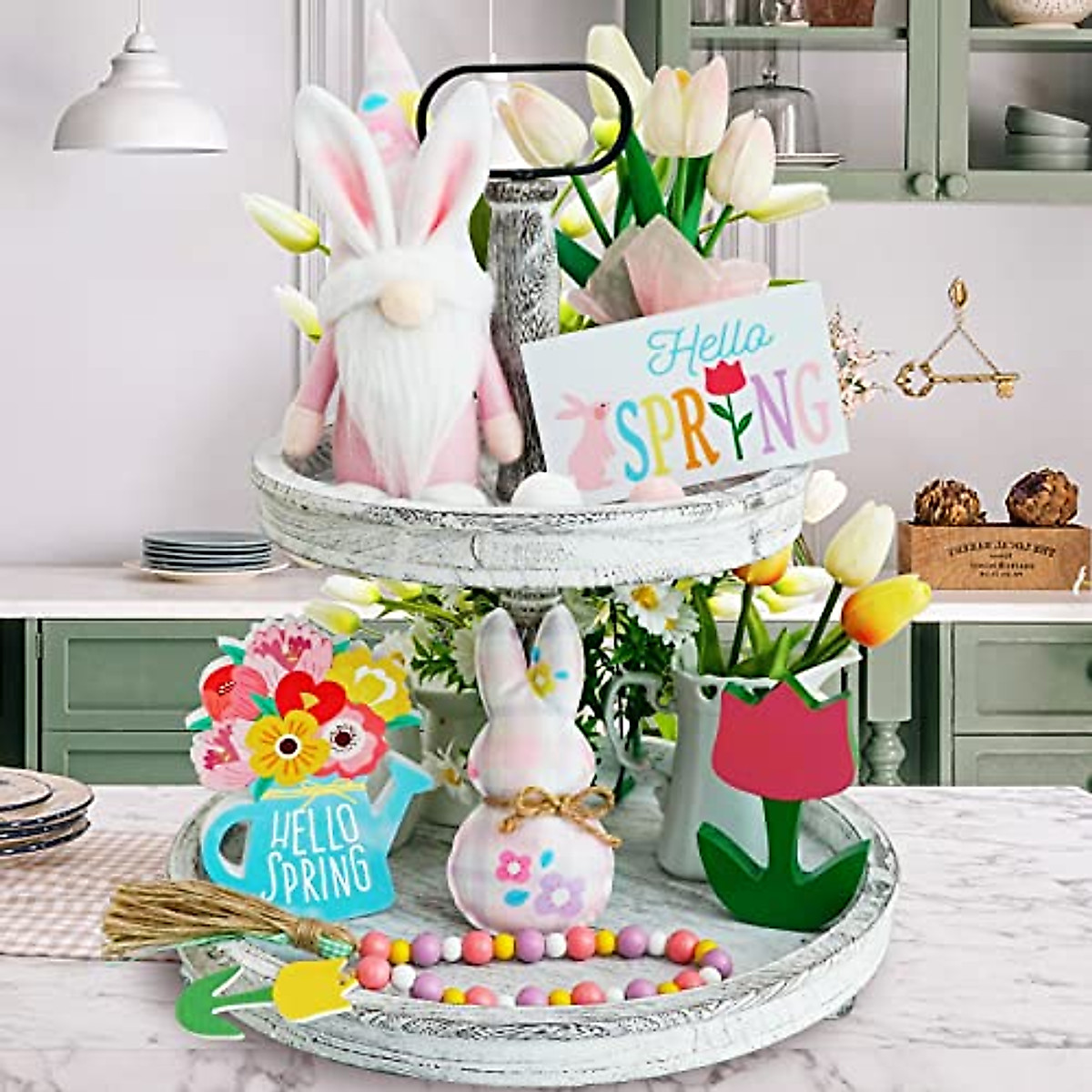 Spring Easter Decorations, 6PCS Easter Bunny Gnome Tiered Tray Decor, Plush Bunny, Easter Gnome Plush, Spring Wood Signs, Flower Bead Garland, Easter Farmhouse Kitchen Table Decor