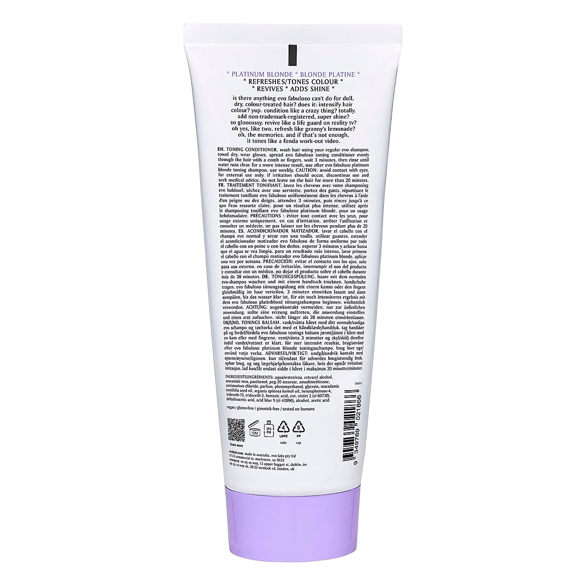 EVO Fabuloso - Platinum Blonde Toning Conditioner - Color Care Conditioner for Color-Treated Hair - Nourishing Hair Treatment for Dry Hair & Instant Colour Boost - 220ml / 7.5 Fl Oz