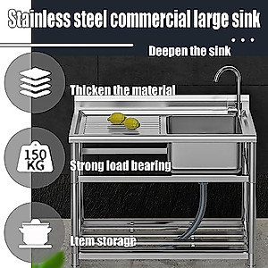 Utility Sink, Freestanding Stainless Steel Sink, Small Stainless Steel Sink, Portable Sink, Outdoor Sink Station With Hose Hook Up, For Restaurant, Cafe, Bar, Hotel, Garage (Color : Hot and cold)