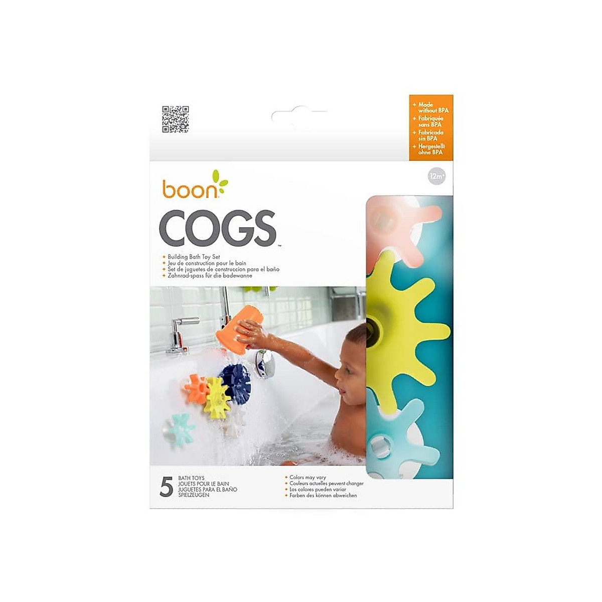 Boon Cogs Baby Bath Toys - Spinning Gear Themed Sensory Baby Toys for Bathtub - Suction Toys for Bathtub Walls - Navy and Yellow - 5 Count - Ages 12 Months and Up