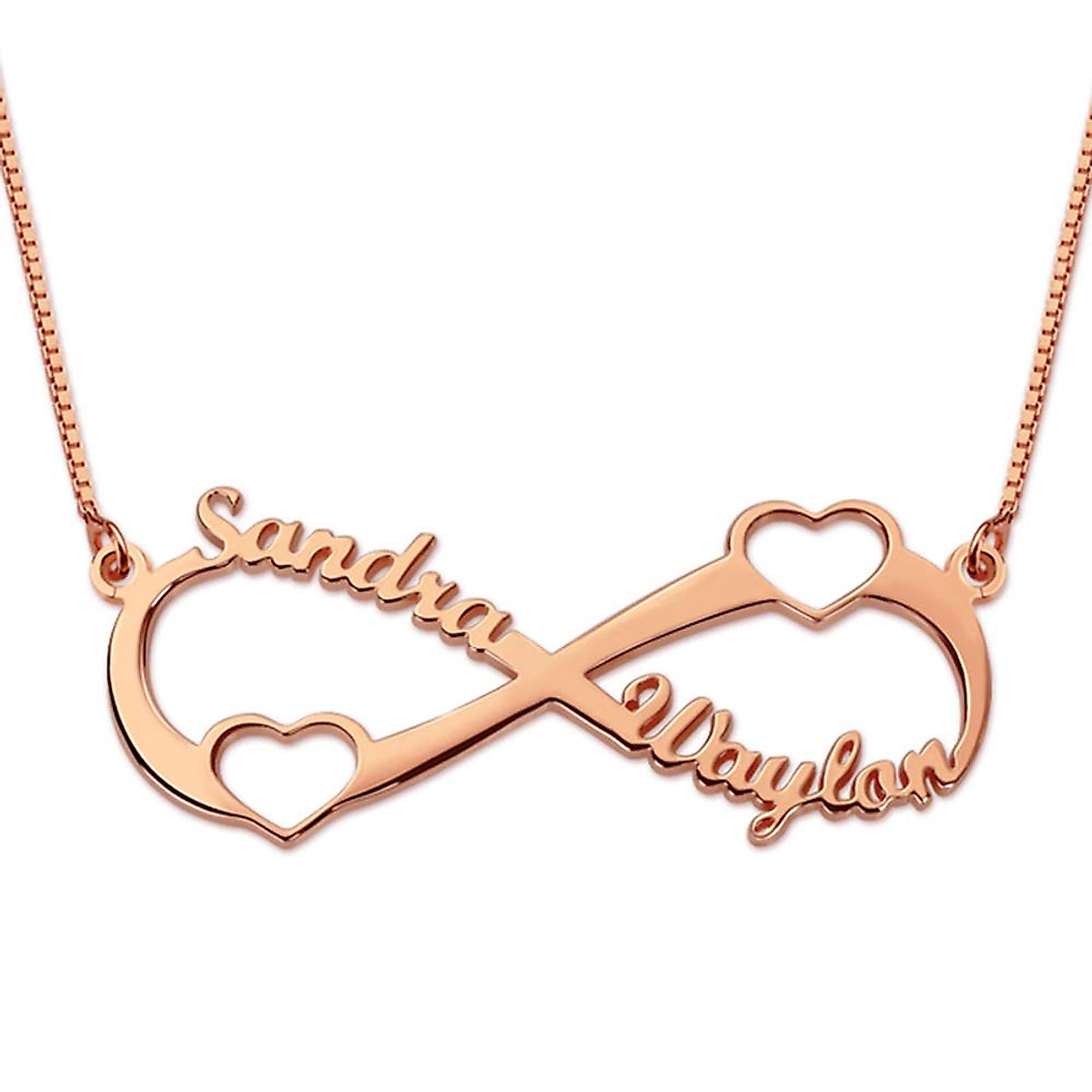 Bo&Pao Silver Infinity Name Necklace with two hearts, personalized Necklace with 2 Names