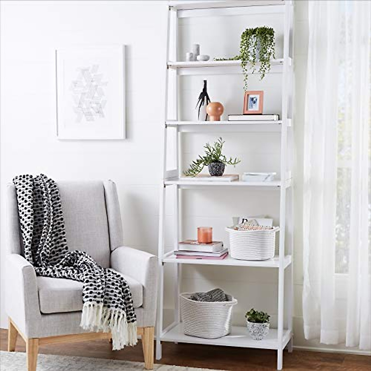 Amazon Basics Rubberwood 5 Shelf Ladder Bookcase, White, 15.03" D x 25.98" W x 74.48" H