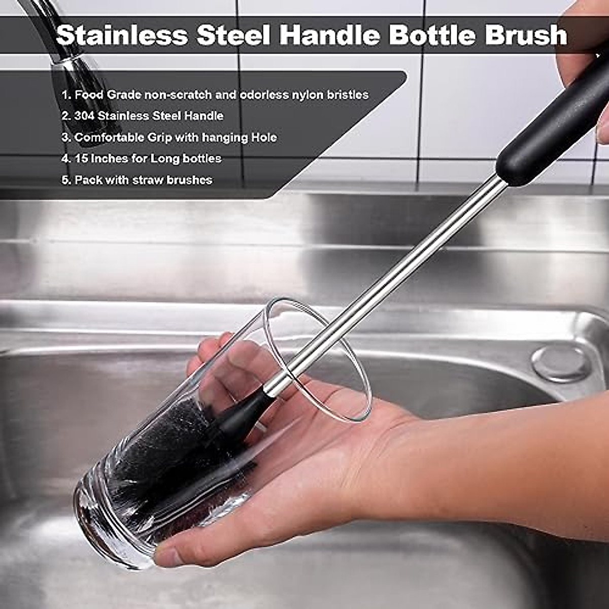 [4 Pack] Stainless Steel Water Bottle Brush & Straw Cleaner Set, Long Handle Baby Bottle Scrub Cleaning Brush for Sports Bottles, Cups, Dishes, Coffee Mugs, Glasswares, Tumblers, Wine Decanters