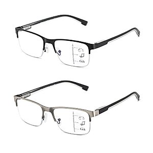 Multifocus Reading Glasses Men Progressive Multifocal Blue Light Computer Reader Half Frame Metal Extra Wide Eyeglasses No Line Bifocals Large Designer Cheaters Transition Square Eyewear 2packs 1.50