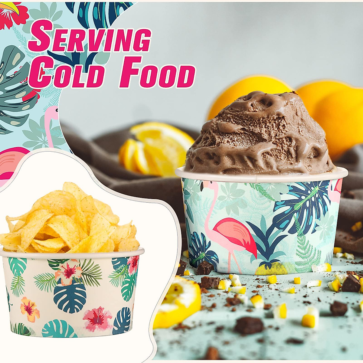 Hawaiian Summer Party Supplies Ice Cream Bowls Disposable Treat Snack Cups 8 oz Paper Yogurt Dessert Bowls for Sundae Soup Candy Hot or Cold Food Party Supplies(Floral Pattern,60 Count)