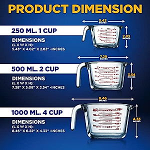 NutriChef 3 Pieces Measuring Cups - BPA-Free Premium Heat Resistant Borosilicate Glass Measuring Cups w/ Handle, Precise Measurement w/ Oz & Ml Scale, in 250ml 500ml & 1000ml, Microwave & Oven Safe