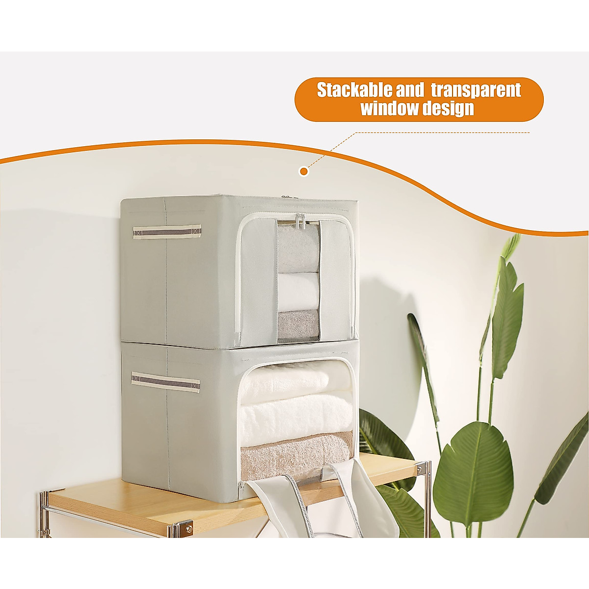 Furnhome 3 PACK 40L Oxford Cloth Steel Frame Storage Box, Clothes Storage Box Organizers with Foldable Clear Window & Reinforced Handles for Clothes,Closet,Comforters,Bedding, Blanket(Light Grey)