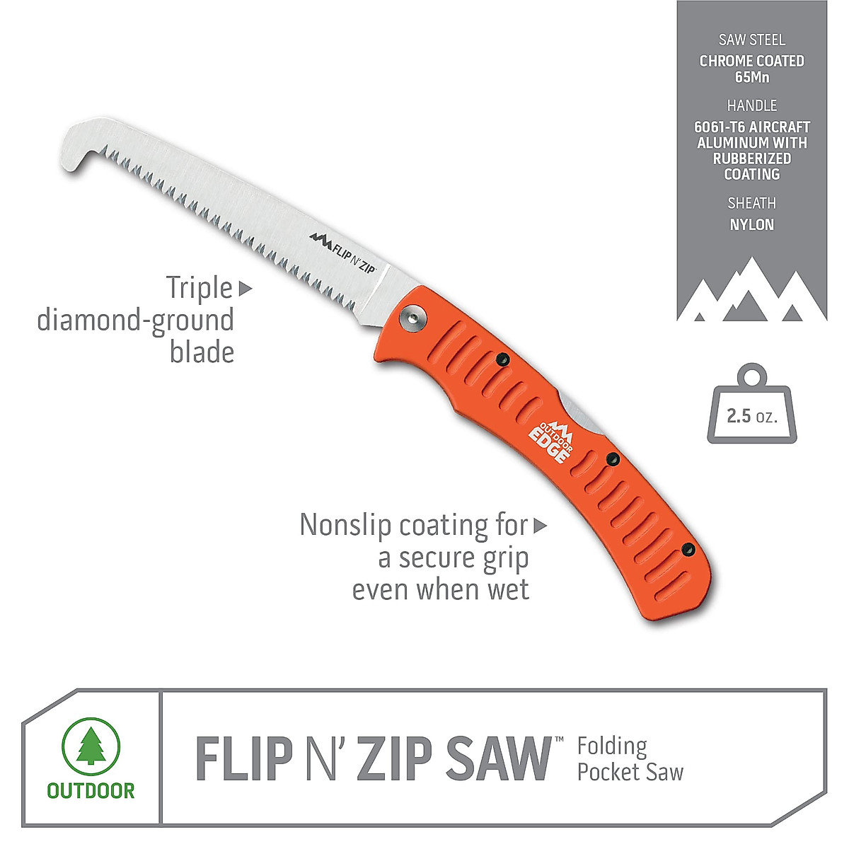 Outdoor Edge 4.5" Flip N' Zip Saw - Lightweight Folding Aluminum Handle Outdoor-Hunting Saw with 65Mn Spring Steel Blade and Triple Ground Saw Teeth for Bone and Wood with Nylon Sheath