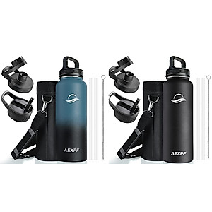 AEXPF 40 oz Insulated Water Bottle, Stainless Steel Vacuum Sports Water Bottle with 3 Lids, Durable Leakproof Metal Thermos, BPA-free Water Flask Jug with Strap, 2pc