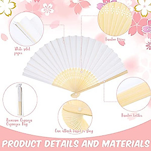 Yookeer 100 Pieces White Paper Hand Fan Bamboo Hand Folding Fans with Organza Hand Fan Bags White DIY Paper Folded Handheld Fans for Church Wedding Gifts Party Favors Dancing Home Decoration