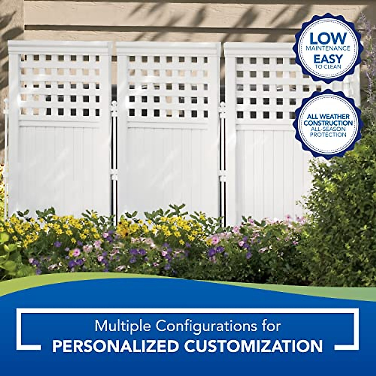 Suncast 4 Panel Reversible Outdoor Screen Enclosure, 44" (H) x 23" (W) per, White & 33 Gallon Hideaway Can Resin Outdoor Trash with Lid Use in Backyard, Deck, or Patio, 33-Gallon, Brown