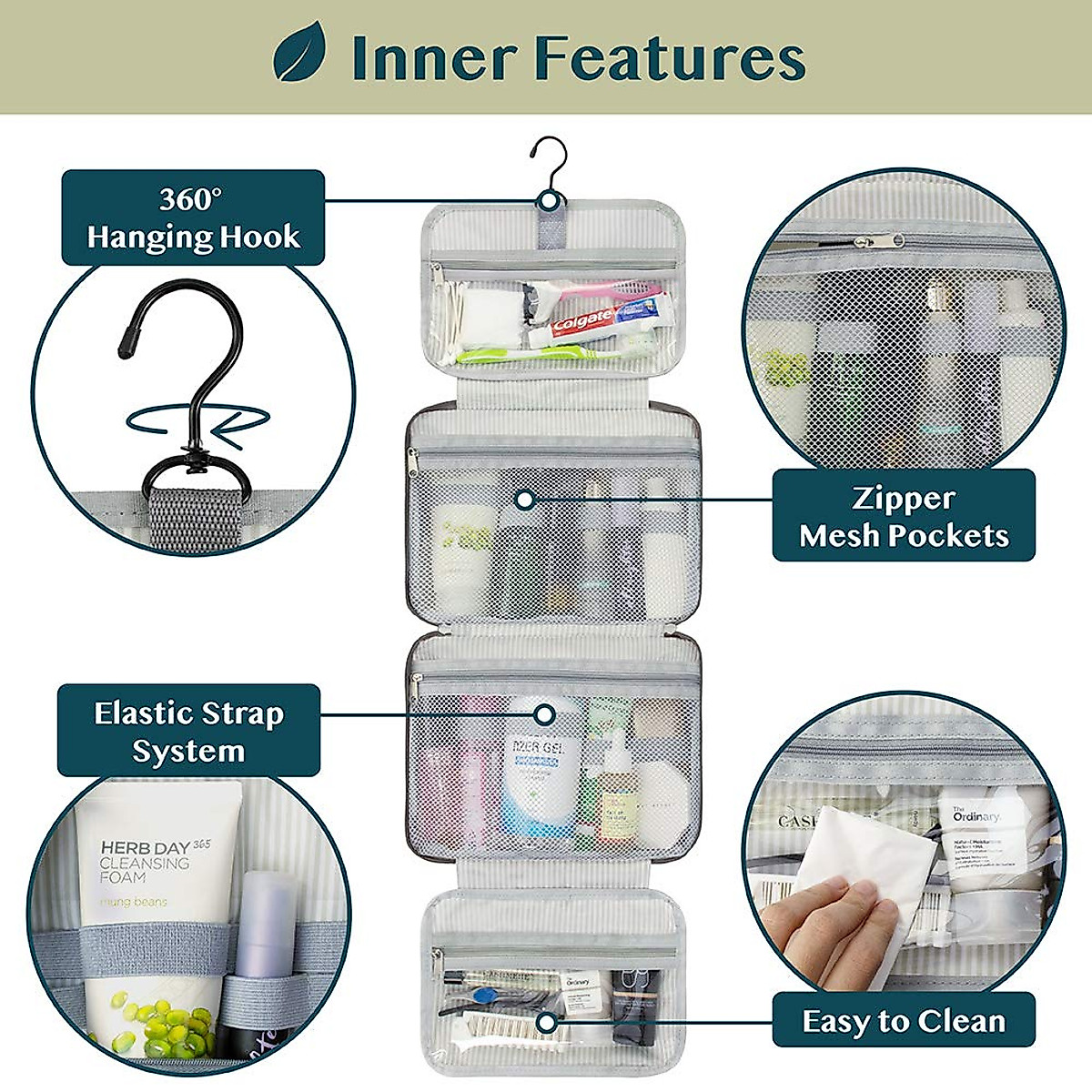 PAVILIA Hanging Toiletry Bag Travel Bag Women Men, Foldable Cosmetic Organizer, Roll up Makeup Bag, Water Resistant Accessories Toiletries, Large Travel Essentials Kit (Grey Floral)