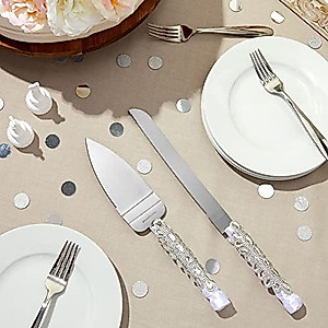 Stainless Steel Wedding Cake Knife and Server Set for Cake Cutting Ceremony, Embellished with Faux Crystals, Diamonds, Ribbon