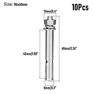 HESHUN M6x60mm 304 Stainless Steel Expansion Bolts, Hexagonal Expansion Bolts, Concrete Screws, m6x60mm Expansion Bolts, (10 pcs)