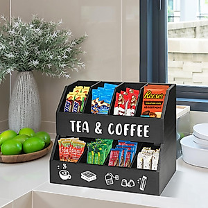 Coffee Station Organizer for Countertop, Wooden Coffee Bar Organization with 8 Compartments, 2 -Tier Tea Bag Organizer for Counter, Black Coffee Accessories for Coffee Bar with Removable Dividers