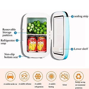 ROLTIN Mini Fridge Mini Fridge Cooler & Warmer 6L Capacity, Compact, Portable And Quiet For Car Home Office Dorm Skincare Cosmetics(Color:White) (Blue)