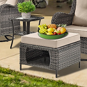 kuurfuurdo 2 Piece Storage Ottomans, Wicker Ottomans Outdoor Furniture for Patio, Backyard, Additional Seating, Footrest, Side Table with Storage, Removable Cushions