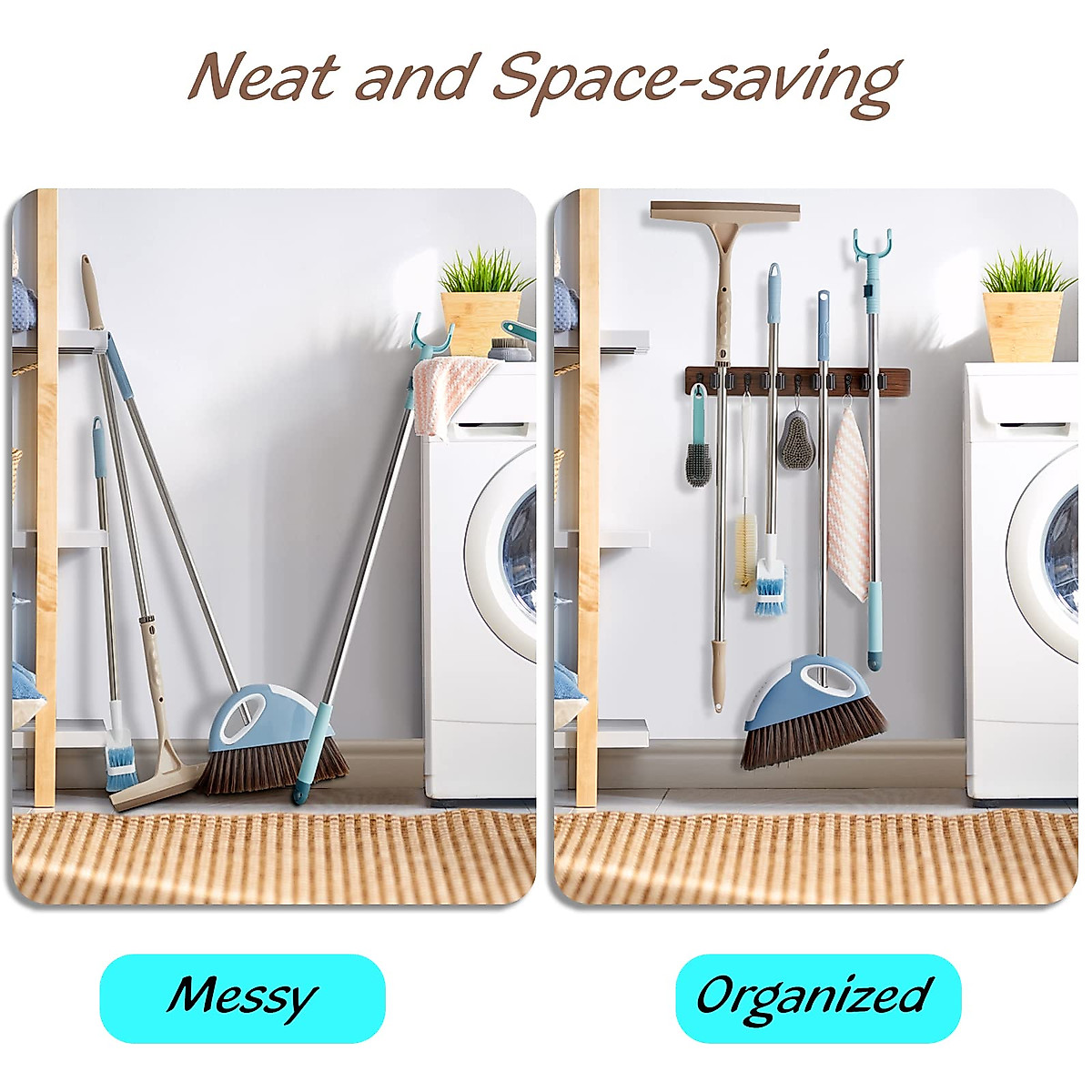 OUTNILI 2 Pack Mop Broom Holder Wall Mount - Rustic Wood Broom Mop Hanger - Wall Mounted Garden Tool Rack Organizer for Closet Garage Laundry Room Farmhouse Kitchen Decor with 4 Slots & 4 Hooks