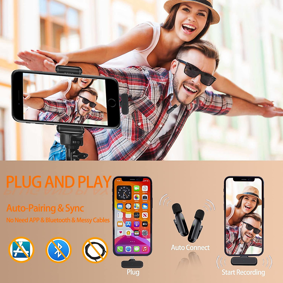 2 Pack Wireless Lavalier Microphone for iPhone iPad with 800mAh Charging Case, RockyMars Clip on Lapel Mic, Plug-Play, Noise Reduction, Portable Microphone for Video Recording/FaceTime/Online Live
