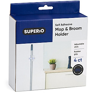 Superio Mop and Broom Holder, Set of 4 Single Piece Hooks, White Plastic Wall Mount Cleaning Storage Tool Organizer, Heavy-Duty Hook for Kitchen, Closet Garage, and Office