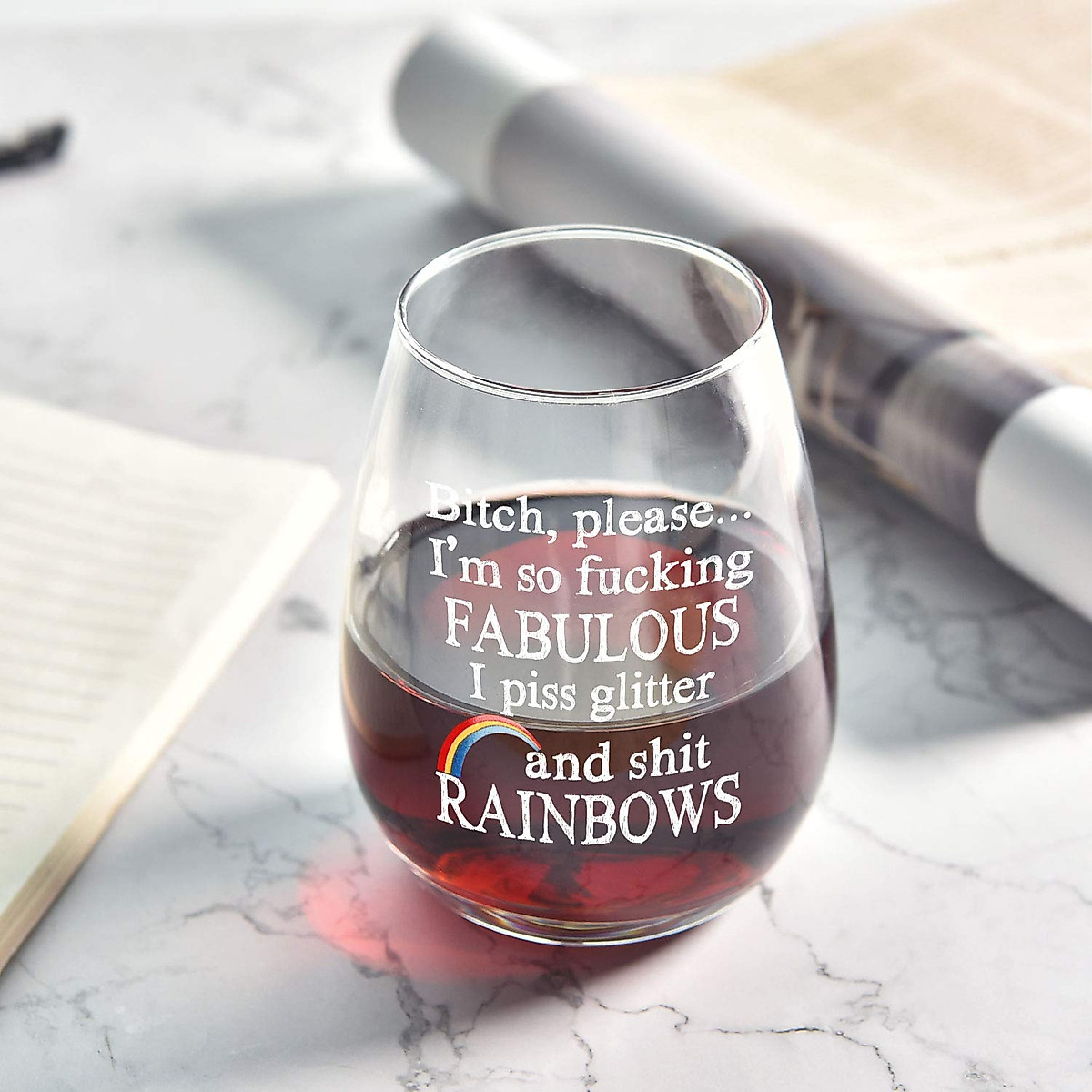 Funny Wine Glass Gift for Women 15Oz, Please I’m So Fabulous I Pee Glitter Stemless Wine Glass, Unique Inspirational Gifts for Women Best Friends Sisters BFF Girlfriends, Birthday Christmas Gifts