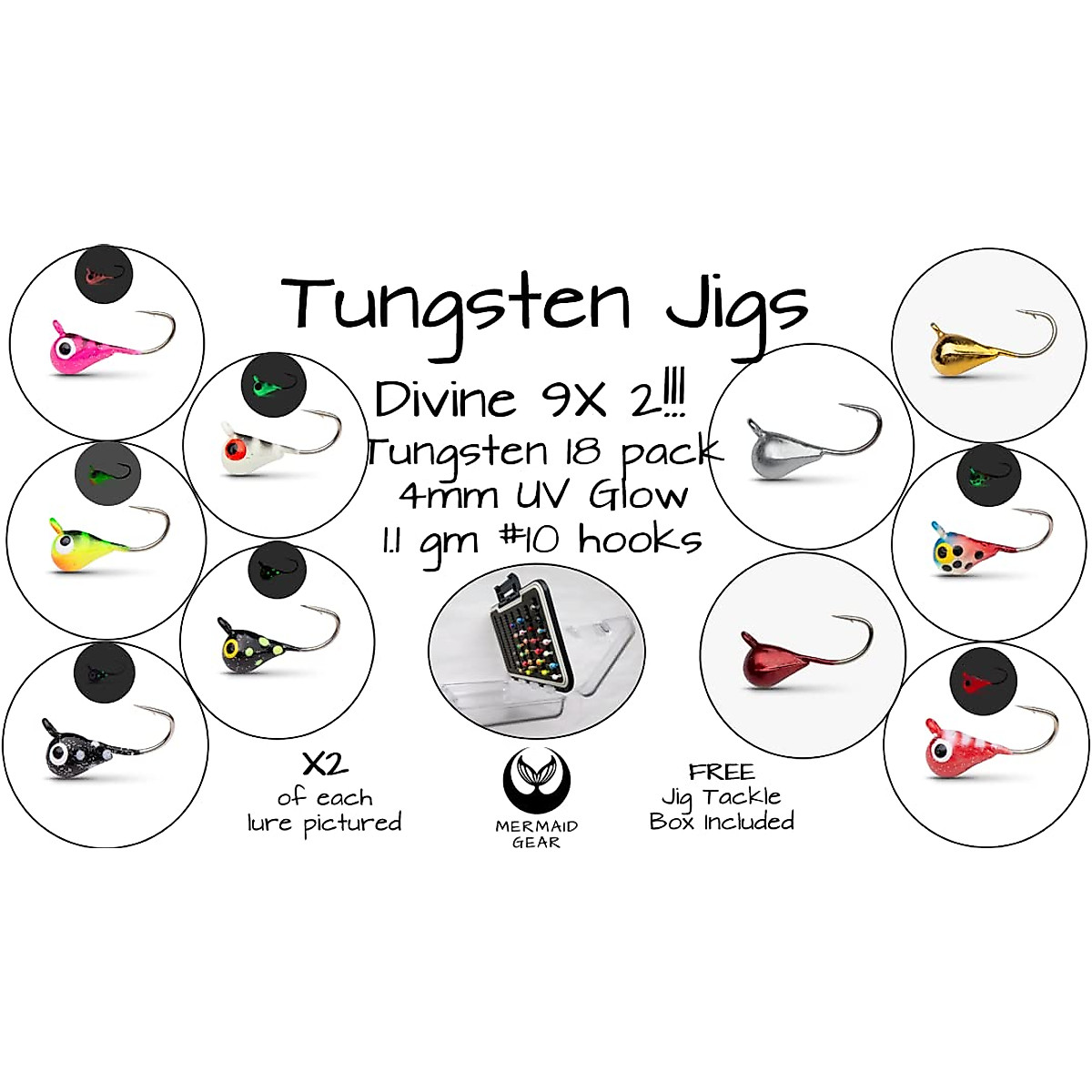 Tungsten UV Glow Ice Fishing Jigs - Divine 9 X 2=18 Pack Plus Free Tackle Box Case Included 4mm 1.1gm #10 Hook Lure Bait Walleye Crappie Panfish Trout