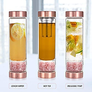 Yoption Crystal Water Bottle, Rose Quartz Healing Glass Water Bottle, Includes a Loose Leaf Tea Infuser Bottle and Protective Sleeve