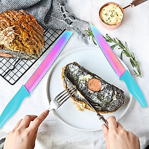 Knife Set, 18-Piece Rainbow Titanium Coating Cutlery Knives Block Set 14pcs Rainbow Titanium Stainless Steel Chef Knives, can opener , Acrylic Block Stand, Sharp Scissors and Peeler (Teal)