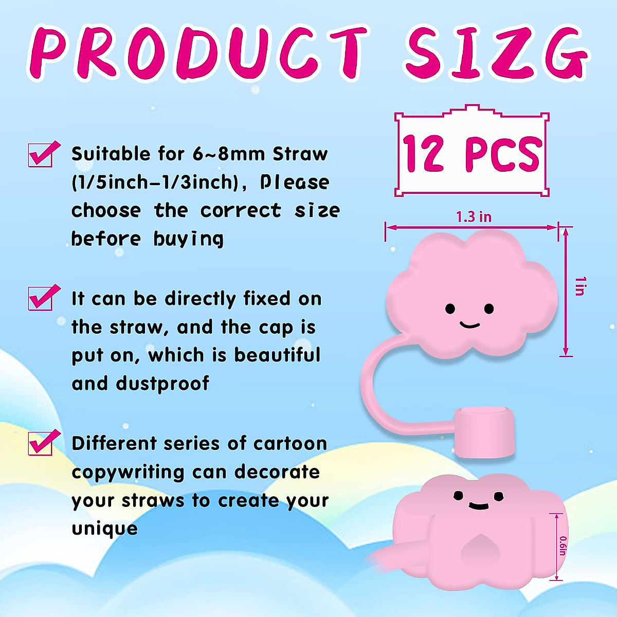 Silicone Straw Tips Cover 6 Pack Reusable Cloud Shape Straw Covers Protector Cute Straw Plugs Drinking Straw Tips Lids Anti-dust Silicone Straw Caps for 6-8 mm Straws (White Cloud style)