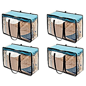 Tidy Zebra Set of 4 Large Storage Bag Organizers with Strong Handles & Zipper, Clear Storage Bins for Clothes, Bedding, Closet, Bedroom & Under Bed Storage, Great for Collage & Home Organization