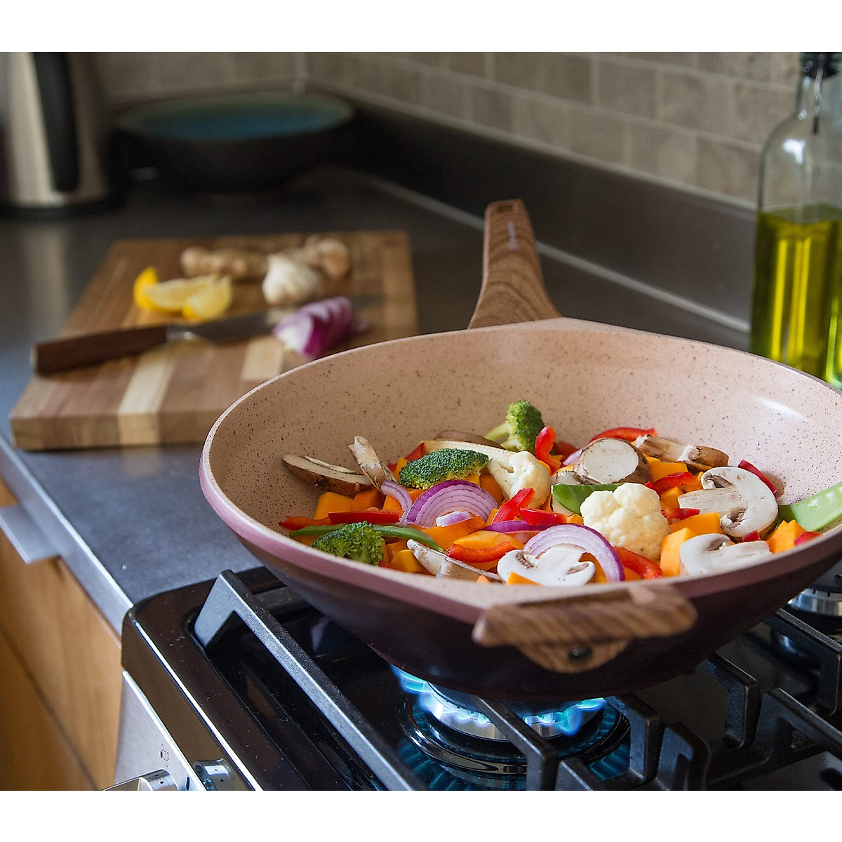 WaxonWare 12.5 Inch Non Stick Wok With Glass Lid Coated With Marbellous (A 100% PFOA & APEO Free German Non Stick Coating) - For Stir-Frying, Shallow Frying, Deep Frying & Braising