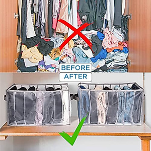 2 Pack Wardrobe Clothes Organizer , Jeans for Closet comes with 24 cell Sock Underwear Dividers Mesh Drawer Large 7 Grids Foldable Compartment Storage Box, gray
