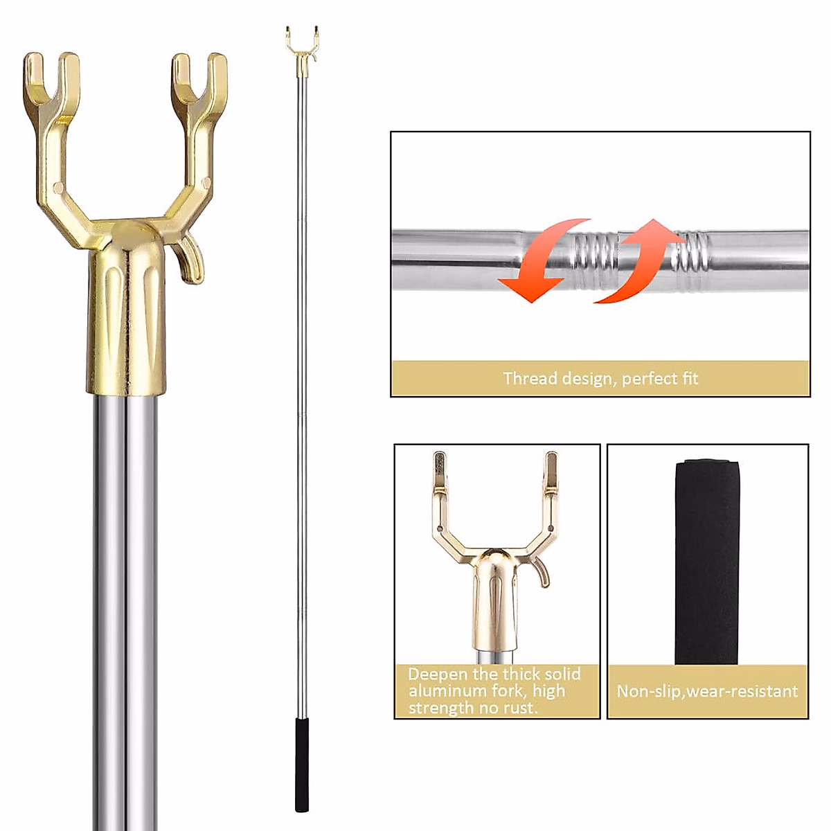 58 inch extended long rod wardrobe clothing telescopic rod with long handle, suitable for high reach areas, clothes drying rod with hook is very suitable for university dormitories