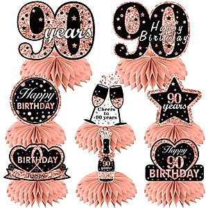 Rose Gold 90th Birthday Decorations Table Honeycomb Centerpieces for Women, 8pcs Happy 90 Birthday Table Toppers Sign Party Supplies, Ninety Years Old Birthday Party Table Decor