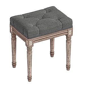 Yusong Vanity Stool Upholstered Bench Seat for Makeup Room, Vintage Small Bedroom Dining Bench with Tufted Fabric for Living Room, Piano Stool with Rustic Wood