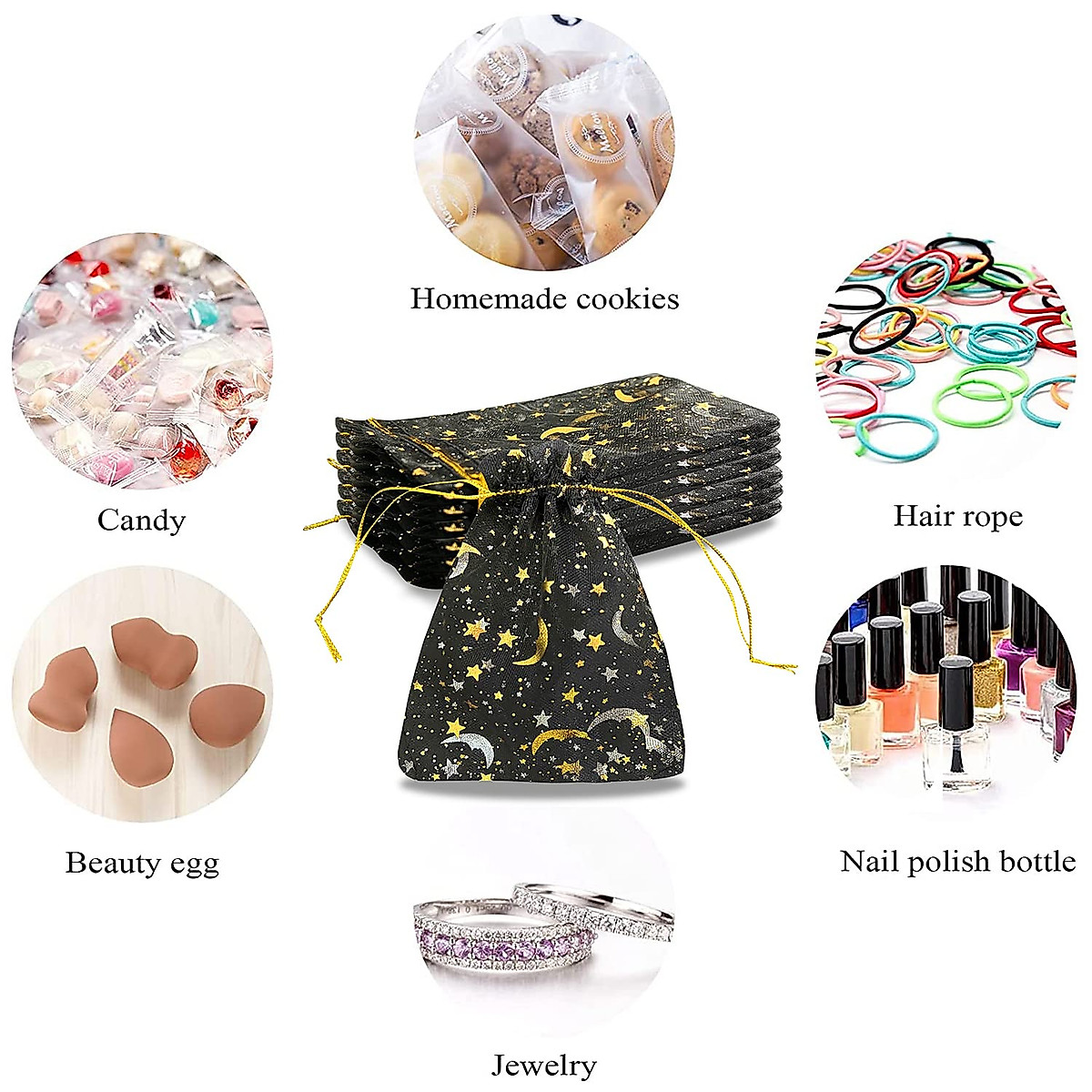 100 Pcs 3.5 x 4.7 Inch Black Organza Jewelry Gift Bag, Moon Star Drawstring Candy Bag for Wedding Party Valentine's Day.