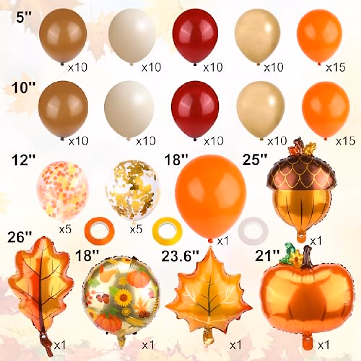 129pcs Fall Confetti Balloons, Huge Pumpkin Maple Pine Leaf Aluminum Foil Balloons Orange Brown Helium Latex Balloons for Birthday, Baby Shower, Thanksgiving, Friendsgiving Party Decorations Supplies