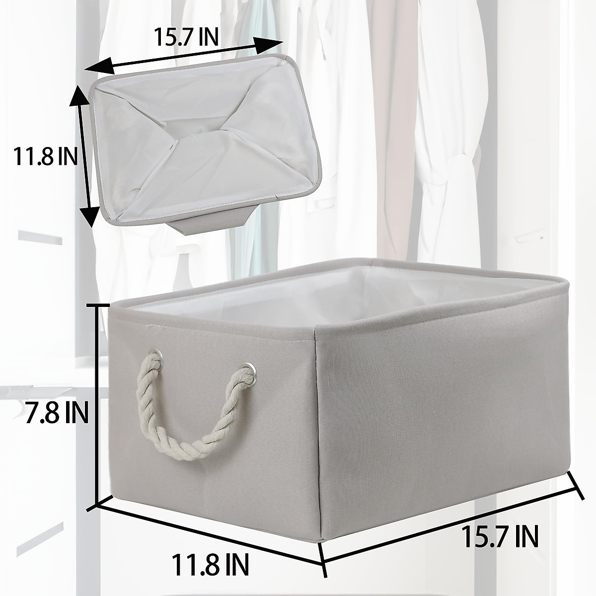 3PCS Foldable Storage Basket, Collapsible Basket Container Shelf Organizer Bin with Rope Handles, Large Storage Basket with Handles for Clothes, Toys, Books and Other Stuff Organizer